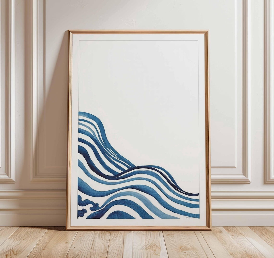 Blue Wave Abstract Modern Ocean Minimal Coastal Navy White Lines ...