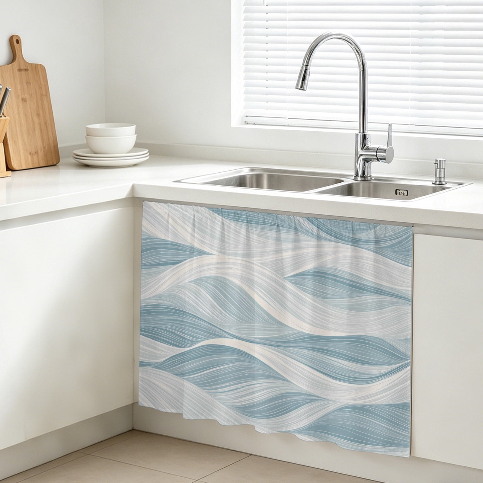 Blue Wave Cabinet Curtain, Modern Abstract Art Gradient Blue White ...
