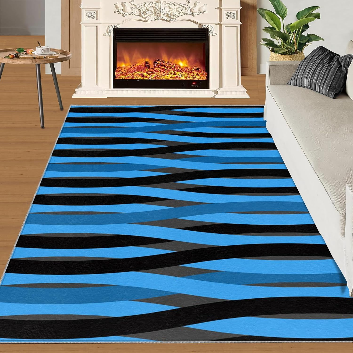 Blue Wave Dance Rug Modern Stylish Bedroom Rug, Washable Rug Non Skid ...