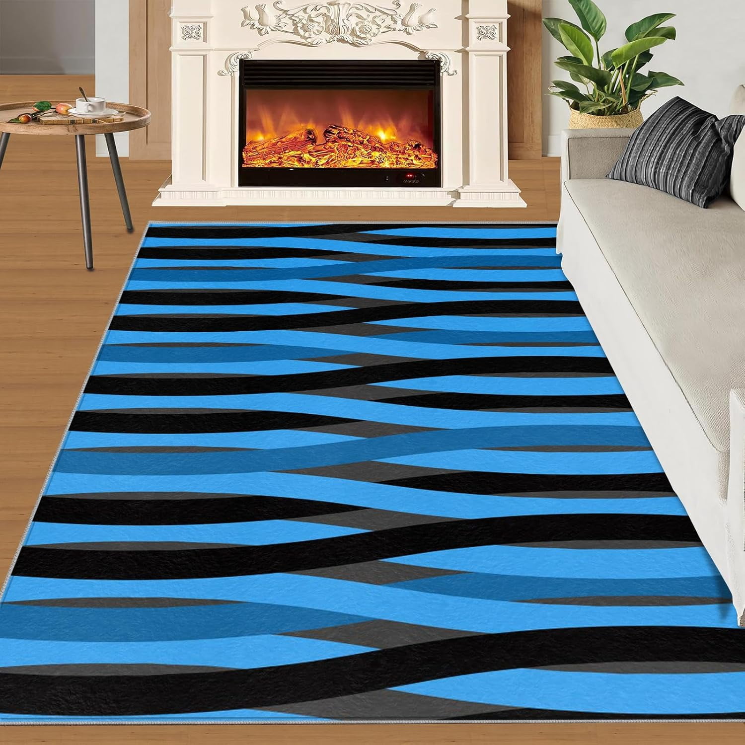 Blue Wave Dance Rug Modern Stylish Bedroom Rug, Washable Rug Non Skid ...