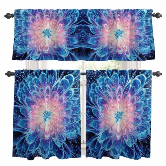 Blue Wave Floral Kitchen Curtains Set for Windows, Modern Abstract ...