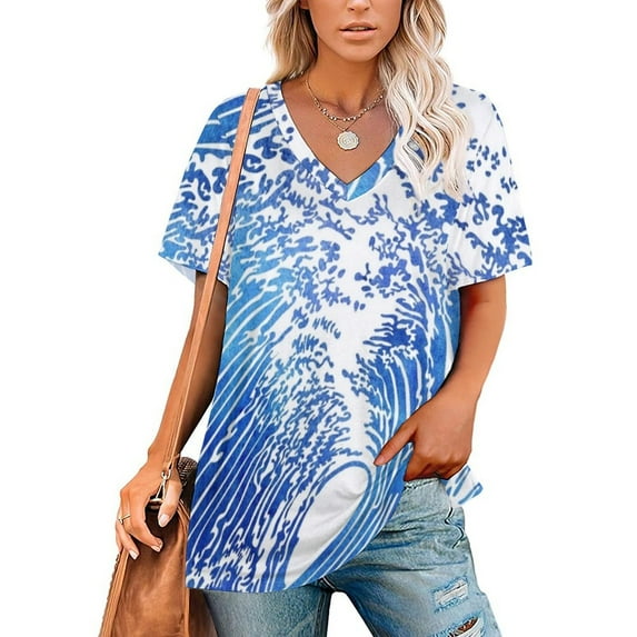 Blue Wave Ii Ruffle Short Sleeve T-Shirt Women's Print Fashion Casual T ...