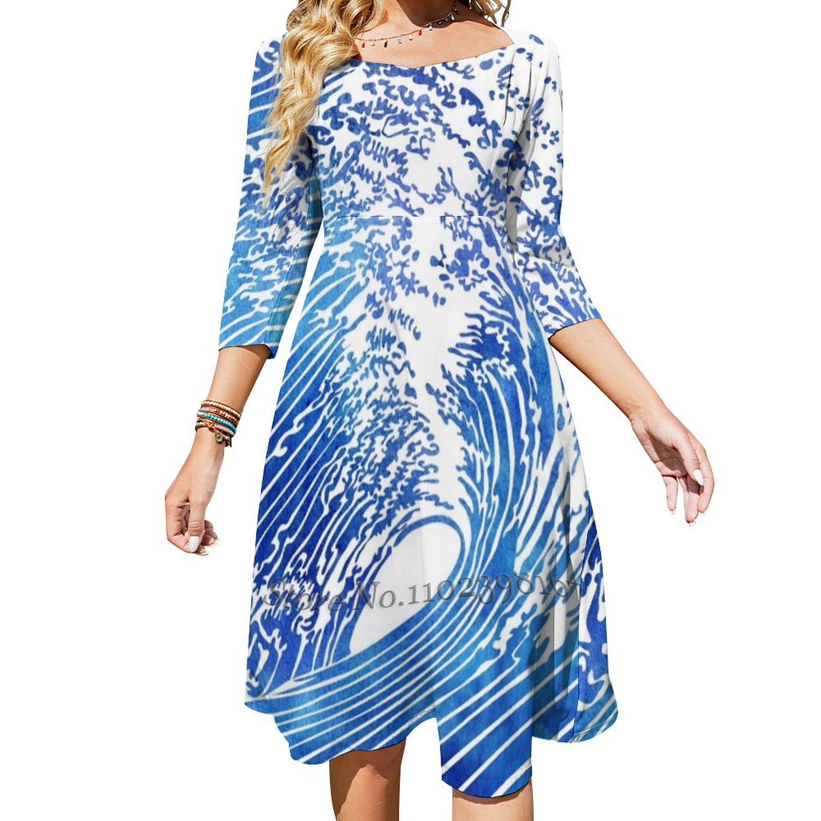 Blue Wave Ii Square Neck Dress New Plus Size Elegant Women Waist Tight ...