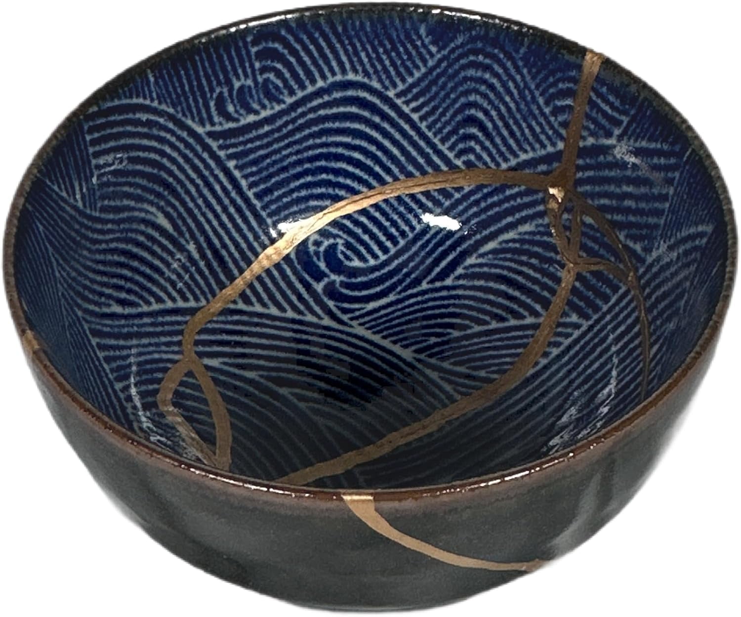 Blue Wave Kintsugi Bowl, Gold Repair Ceramic Pottery, Kintsugi Pottery for wellness and ...