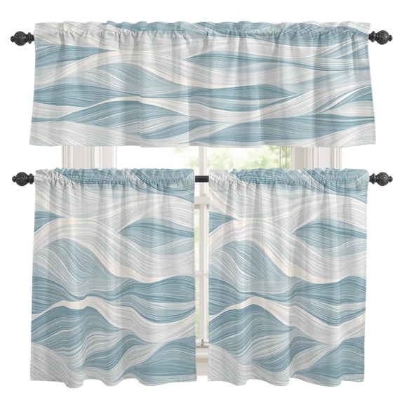 Blue Wave Kitchen Curtains Valance and Tier Set Modern Abstract Art ...
