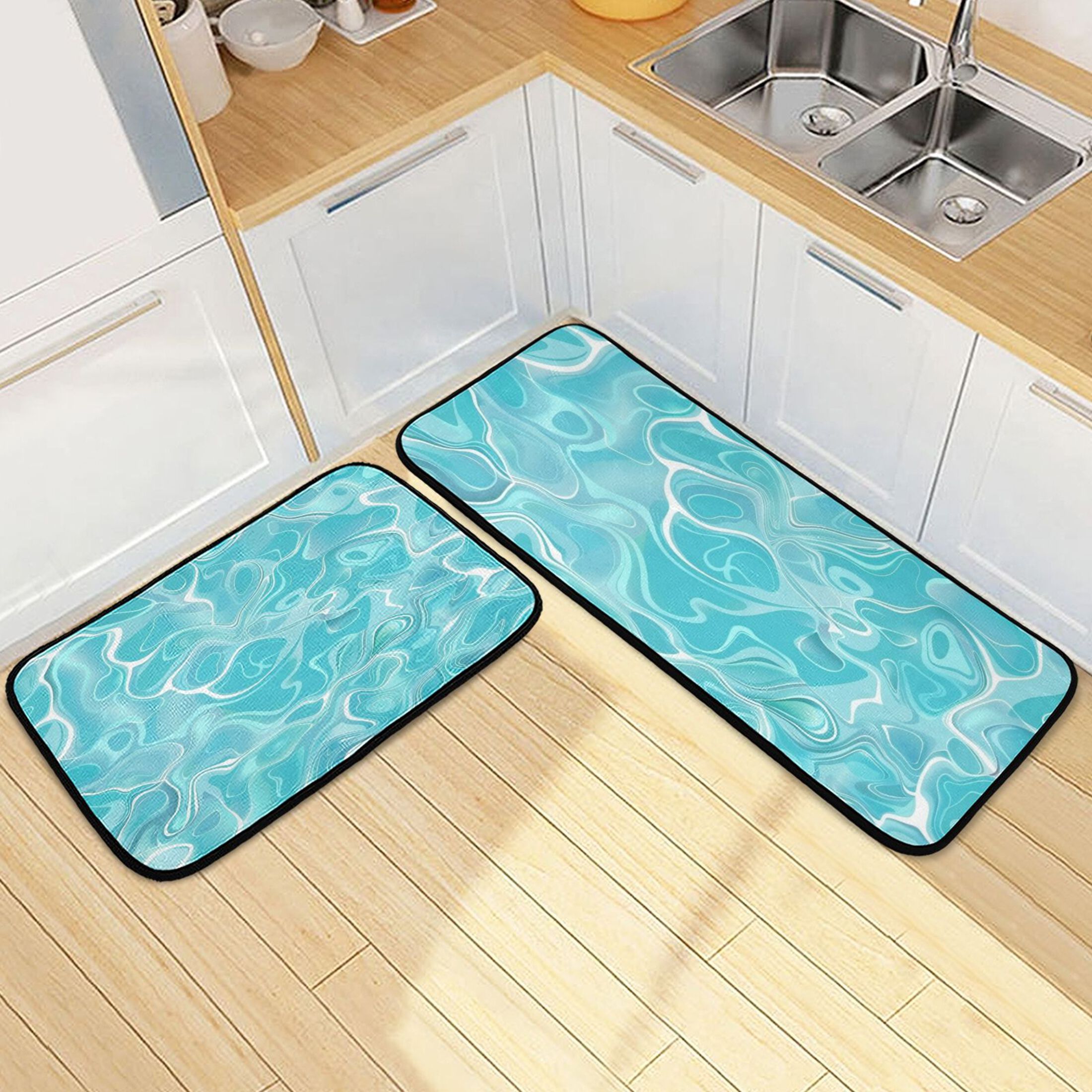 Blue Wave Kitchen Rugs Set of 2 Non Slip Floor Foam Mat Cushioned Soft ...