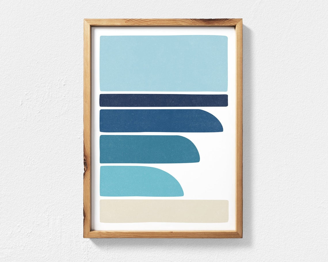 Blue Wave Line Up Wall Art, Abstract Blue Surf Art, Surfer Graphic Art ...
