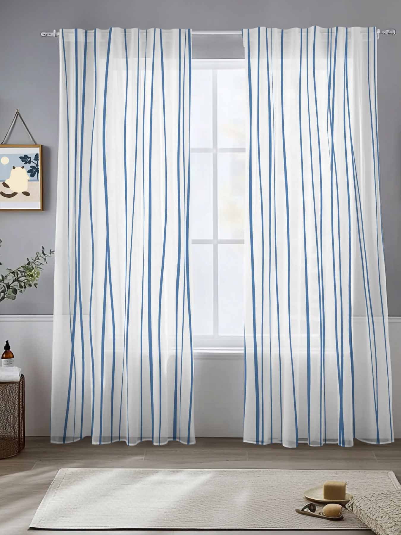 Blue Wave Lines Sheer Curtains 84 Inches Long 2 Panels Art Minimalist ...