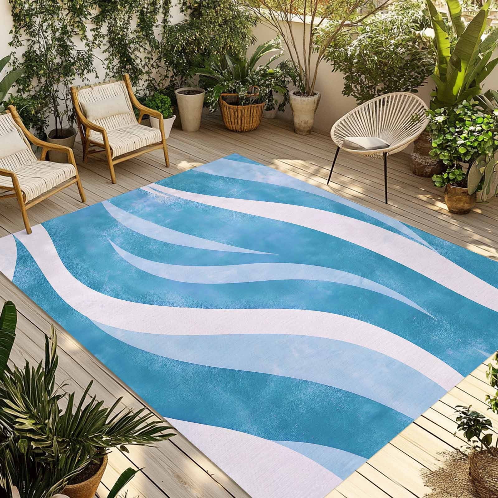 Blue Wave Outdoor Rug, Abstract Non-Slip Area Rugs Carpet Breathable ...