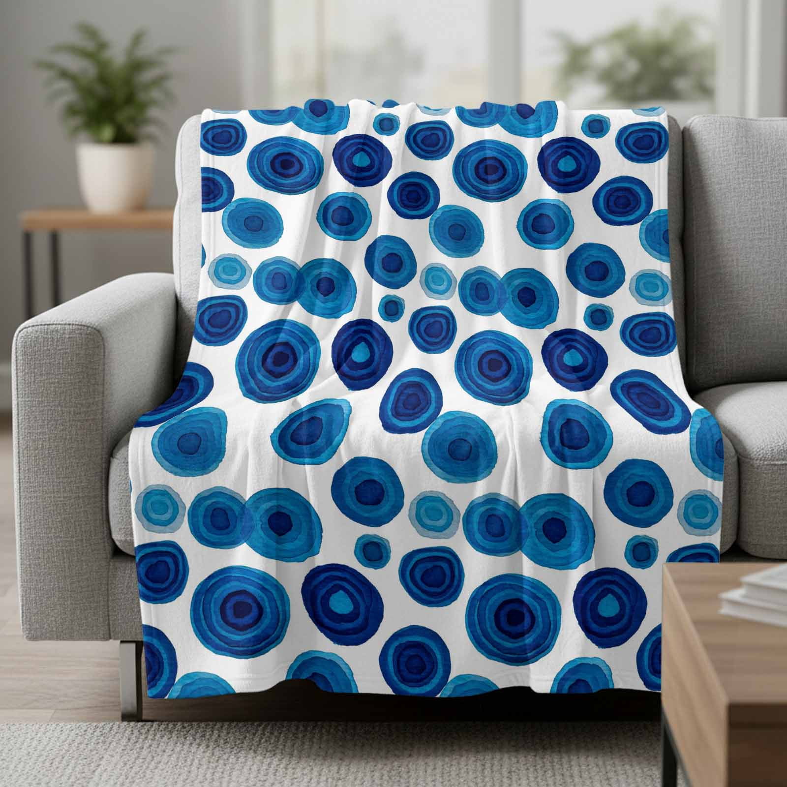 Blue Wave Point Fleece Throw Blanket Retro Geometric Watercolor Dark ...