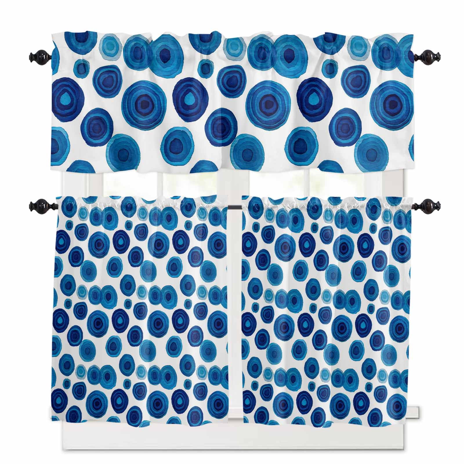 Blue Wave Point Kitchen Curtains Valance and Tier Set Retro Geometric ...