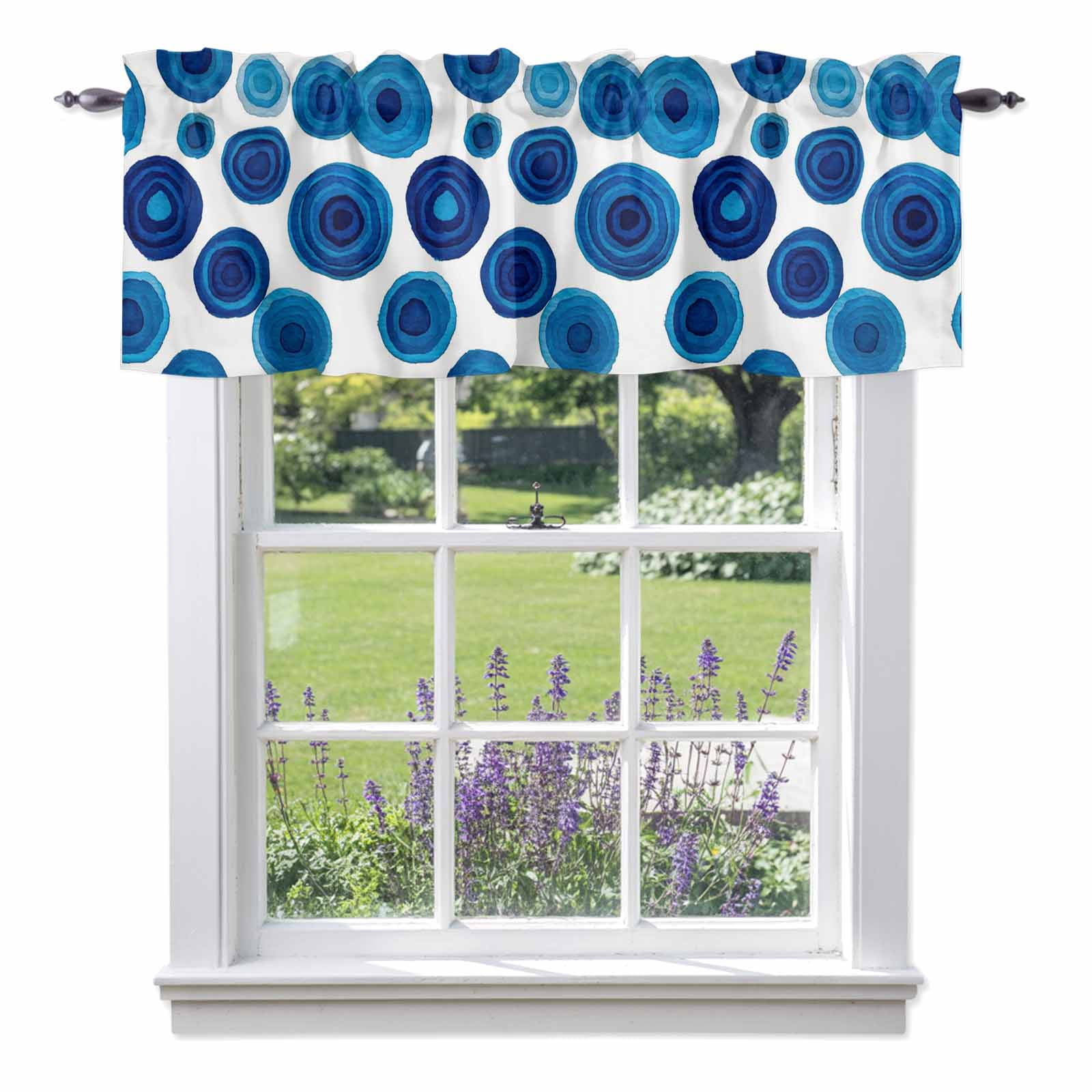 Blue Wave Point Valance Curtain for Windows Retro Geometric Watercolor ...