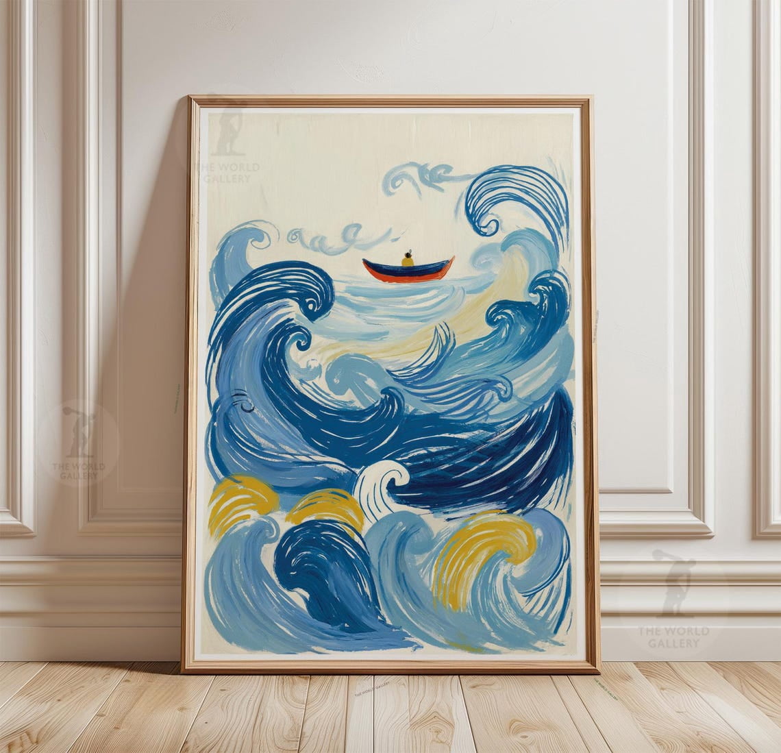 Blue Wave Poster Abstract Ocean Illustration Coastal Boat Wall Art ...