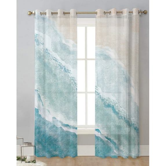 Blue Wave Watercolor Window Curtains Tulle Curtains Living Room Sheer ...