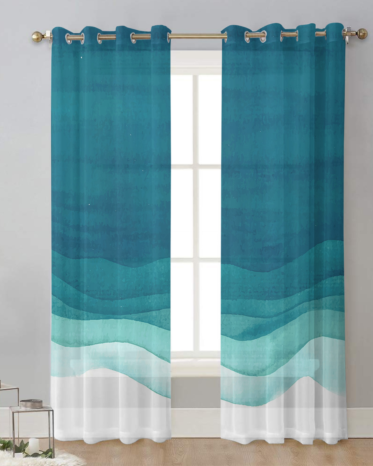 Blue Wave Watercolor Window Curtains Tulle Curtains Living Room Sheer ...