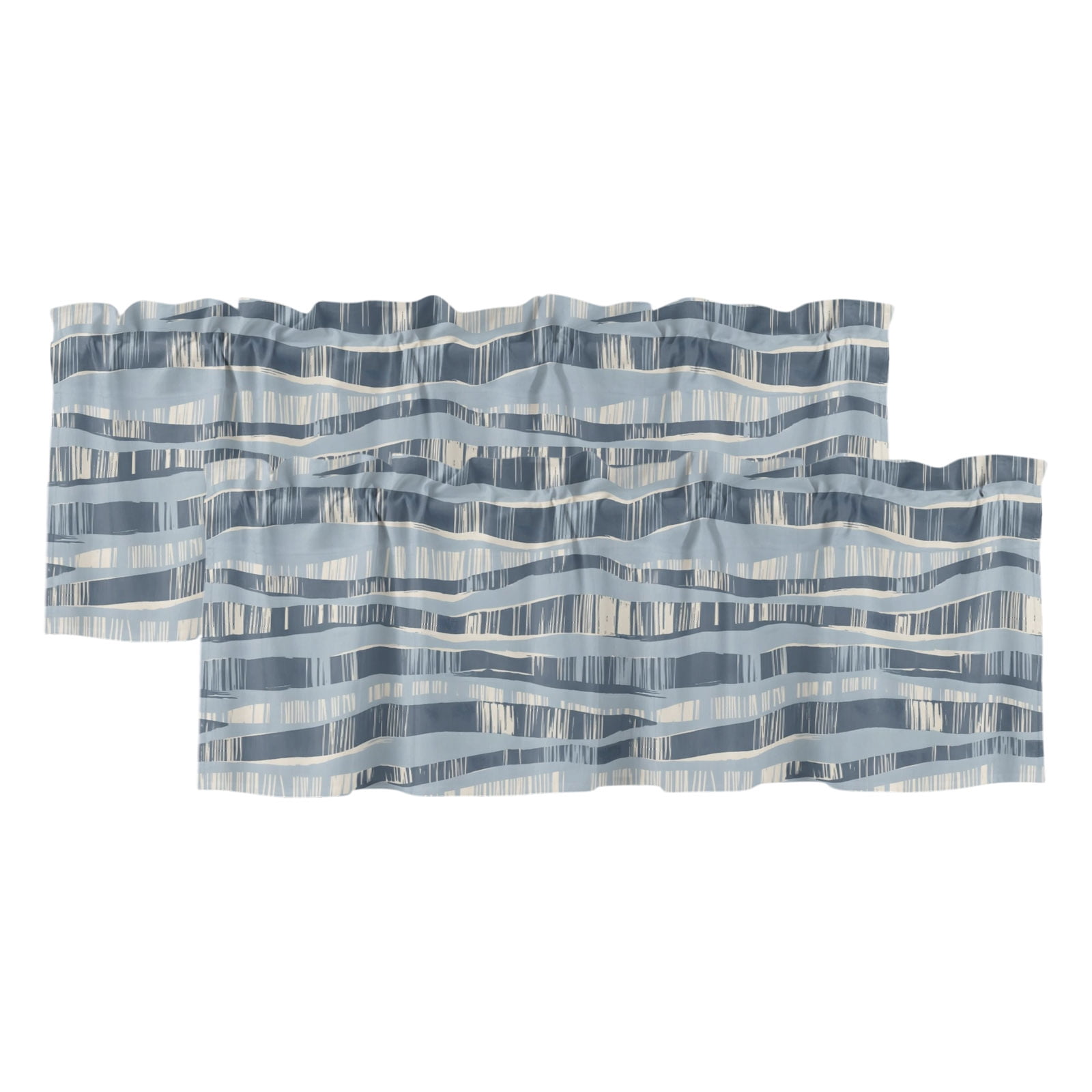 Blue Waves 2 Panels Kitchen Valance, Coastal Abstract Indigo Curvy ...