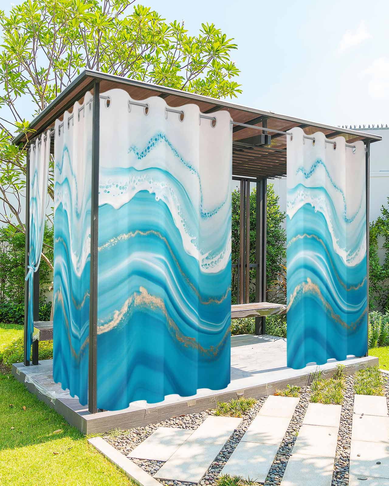 Blue Waves Abstract Outdoor Curtains for Patio, Modern Water Ripple ...