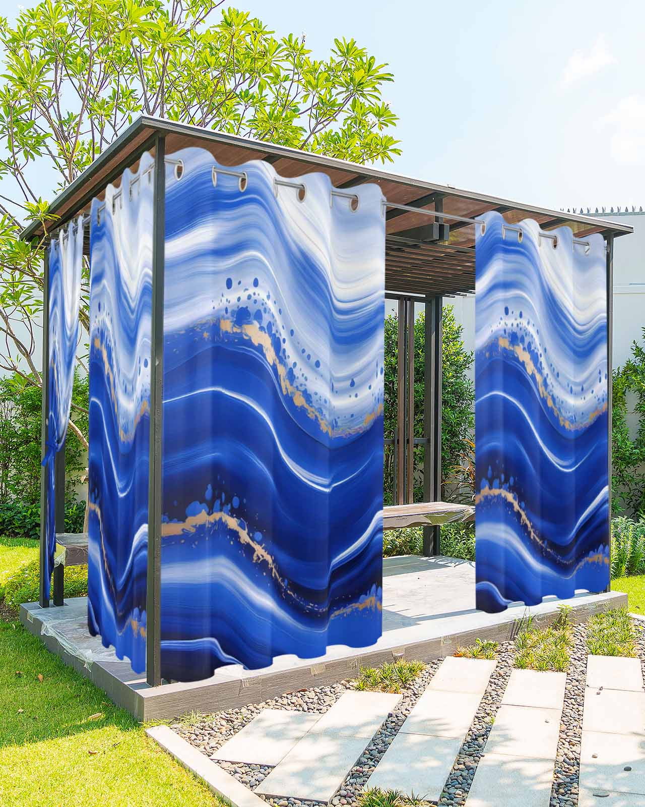 Blue Waves Abstract Outdoor Curtains for Patio, Ocean Fluid Gradient ...
