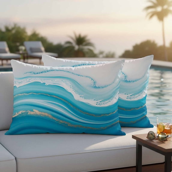 Blue Waves Abstract Outdoor Pillow Covers 20x12 Inch Lumbar Pillow ...