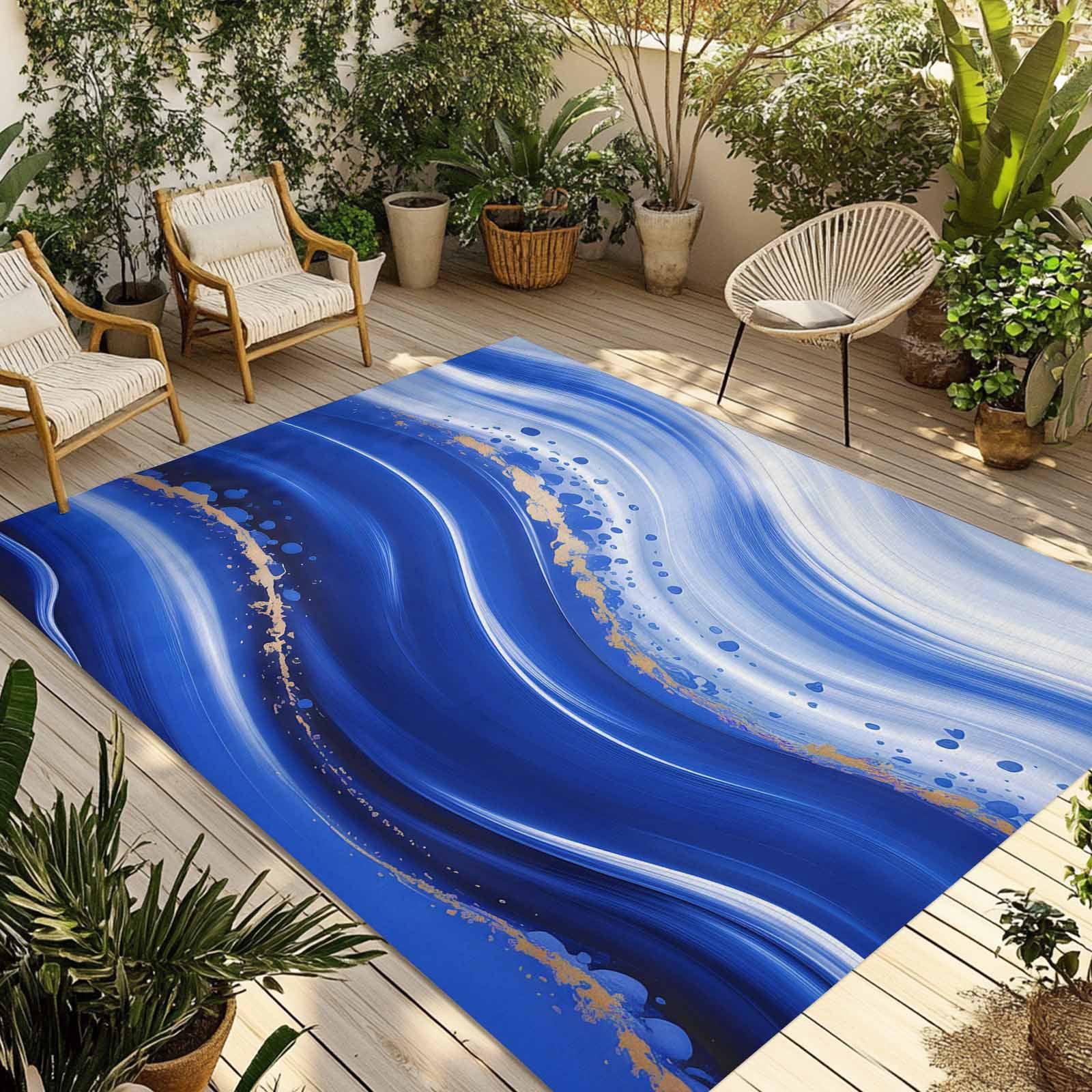 Blue Waves Abstract Outdoor Rug 5x8 Ft - Reversible Patio Rug Outdoor ...