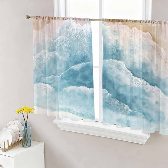 Blue Waves Abstract Sheer Curtains 45 Inch Length 2 Panels Set, Boho ...