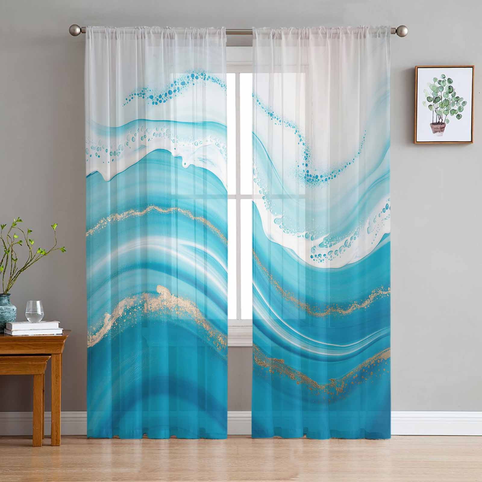 Blue Waves Abstract Sheer Curtains 63 Inches Length 2 Panels Set ...