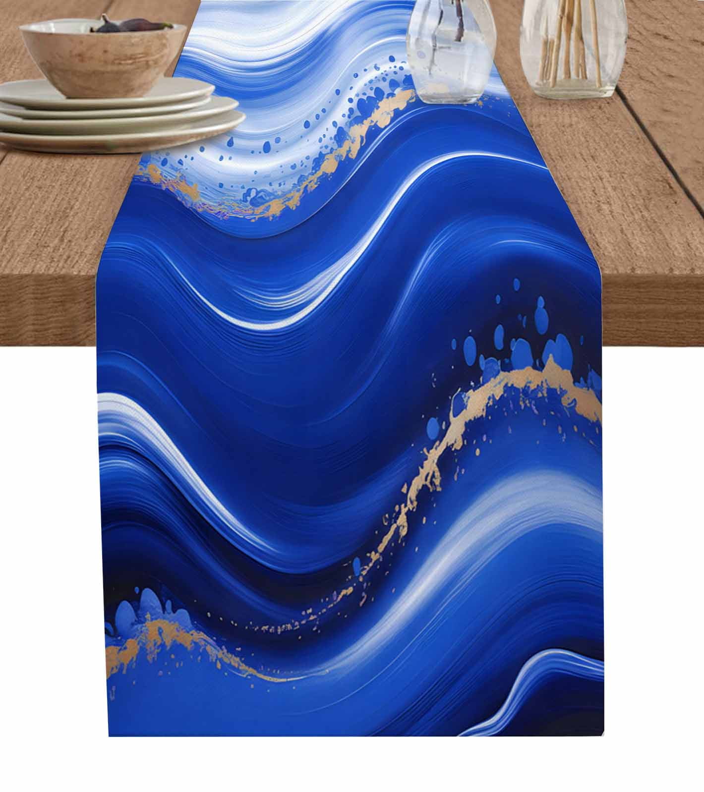 Blue Waves Abstract Table Runner 90 Inches, Ocean Fluid Gradient Luxury ...