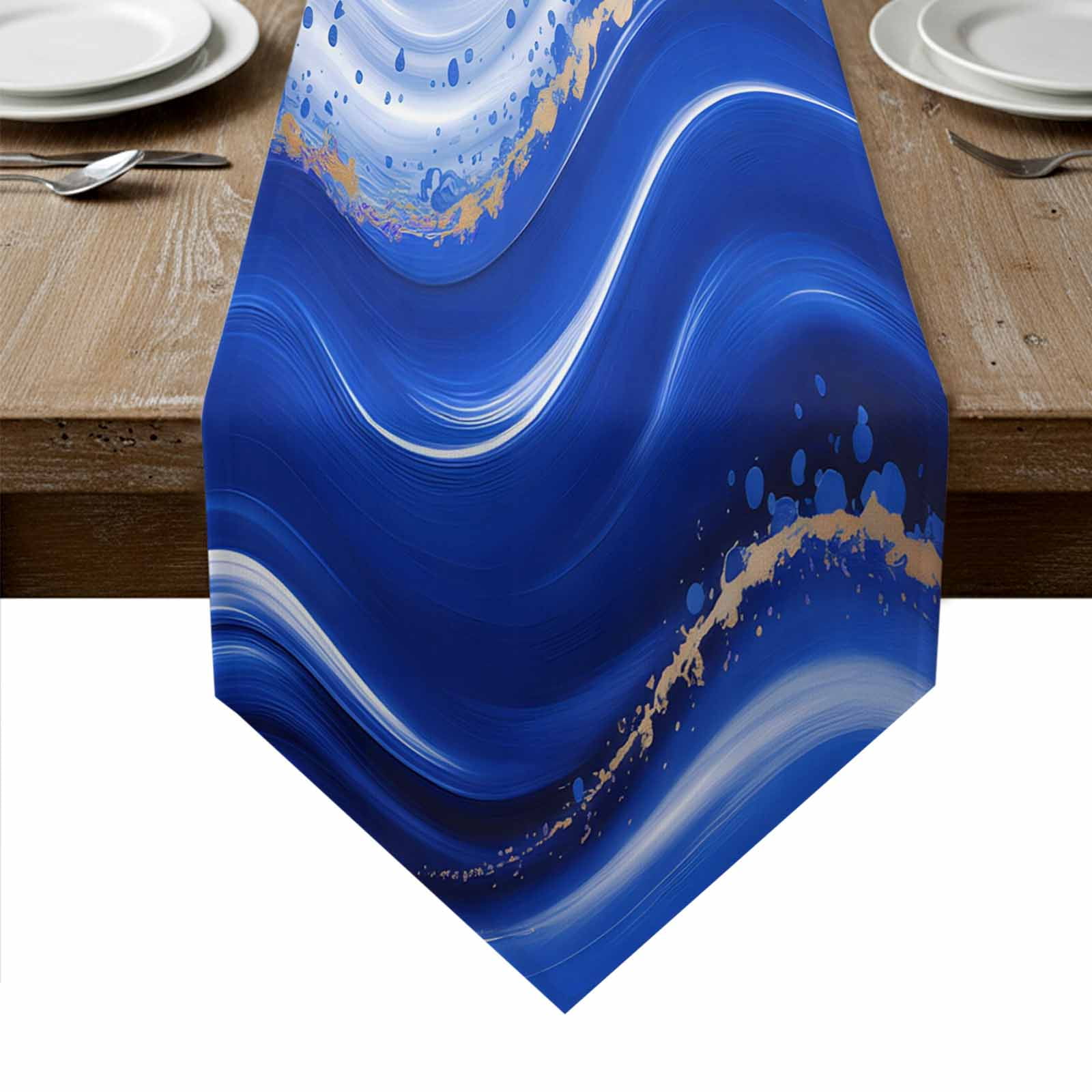 Blue Waves Abstract Table Runner Linen Burlap Table Runner 120 Inches ...