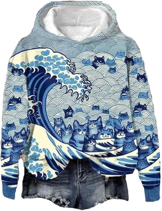 Blue Waves And Cats Print Long Sleeve Funny Wave Of Blue Cats Cute ...