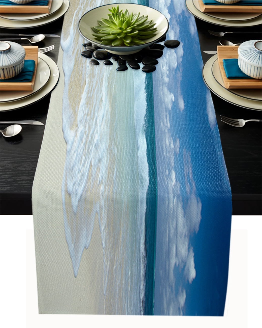 Blue Waves Beach Art Table Runner Kitchen r Tablecloth Placemat Hotel ...