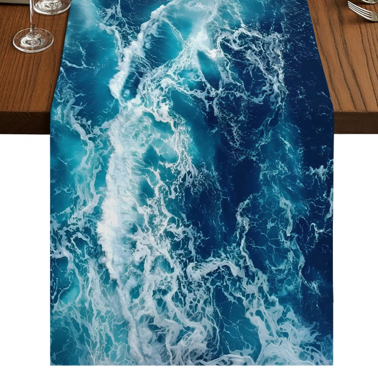 Blue Waves Burlap Cotton Table Runner 13x120 Inches Long, Modern Summer ...