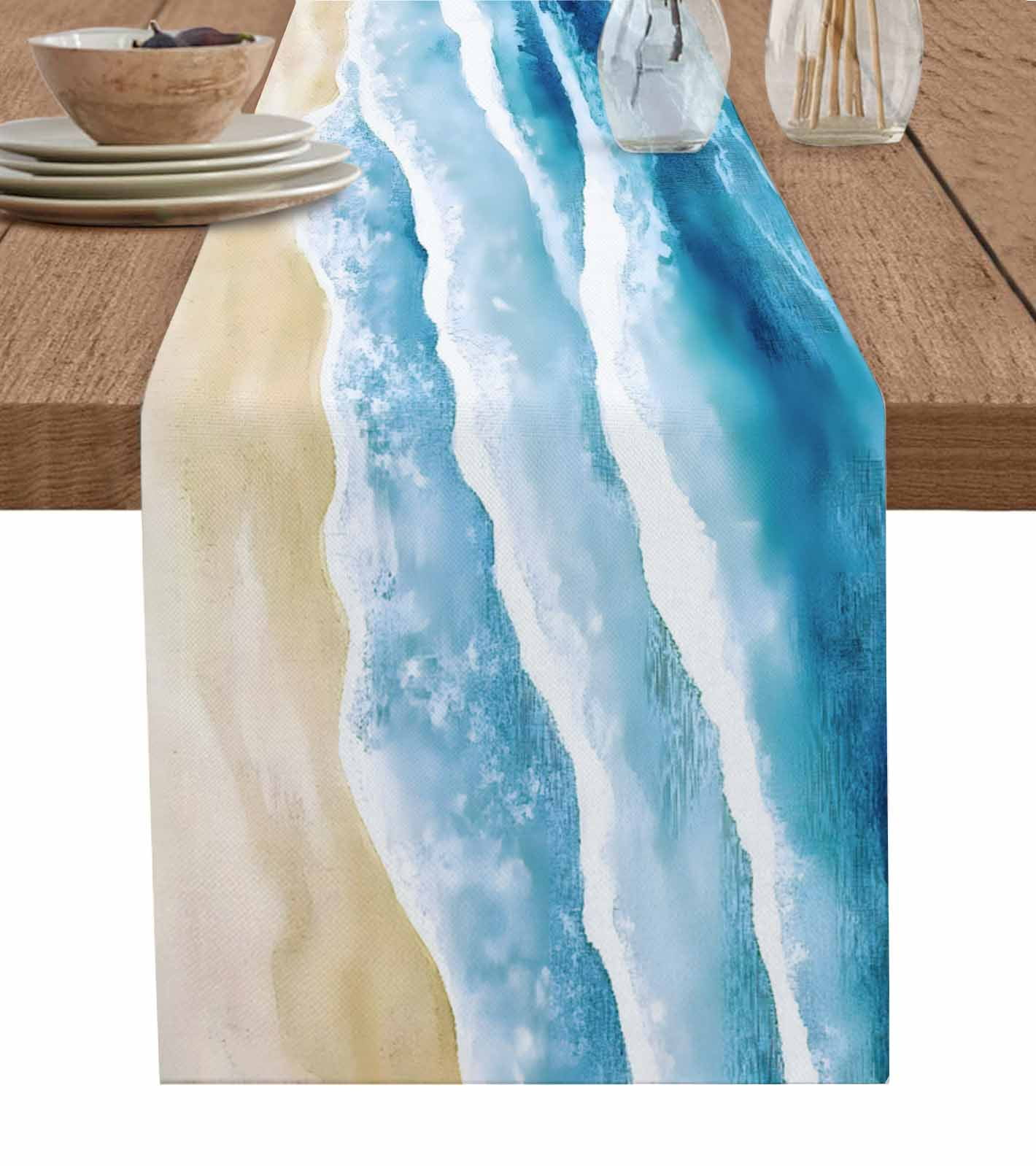 Blue Waves Coastal Burlap Cotton Table Runner 14x72 Inches Long, Summer ...