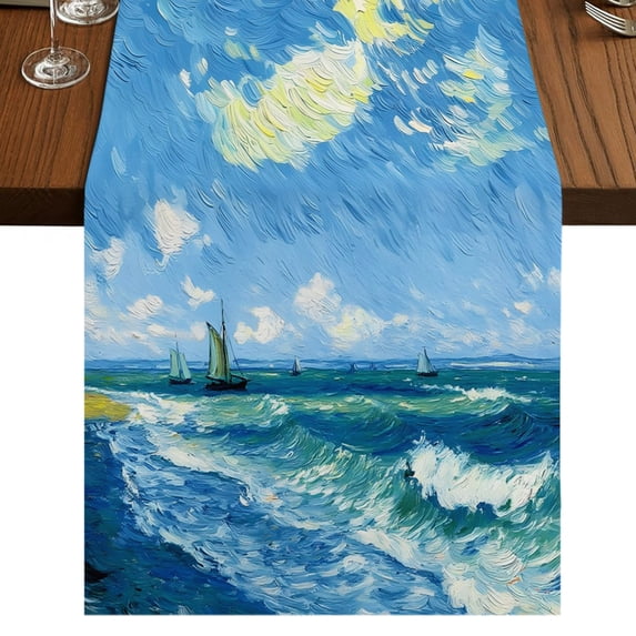 Blue Waves Coastal Burlap Cotton Table Runner 16x72 Inches Long ...