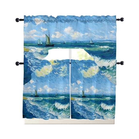 Blue Waves Coastal Kitchen Curtains Set for Windows 3 Piece Cafe ...