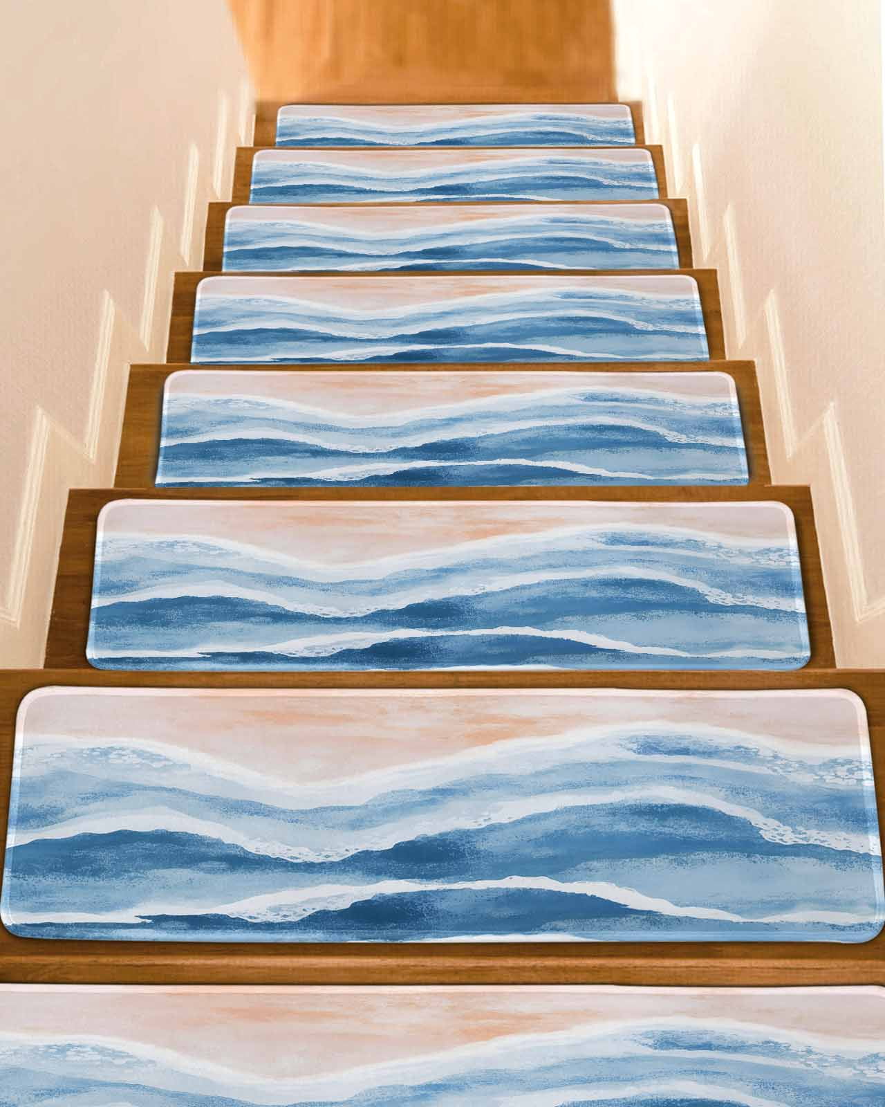 Blue Waves Coastal Stair Treads Non Slip Indoor for Wooden Steps, Light ...