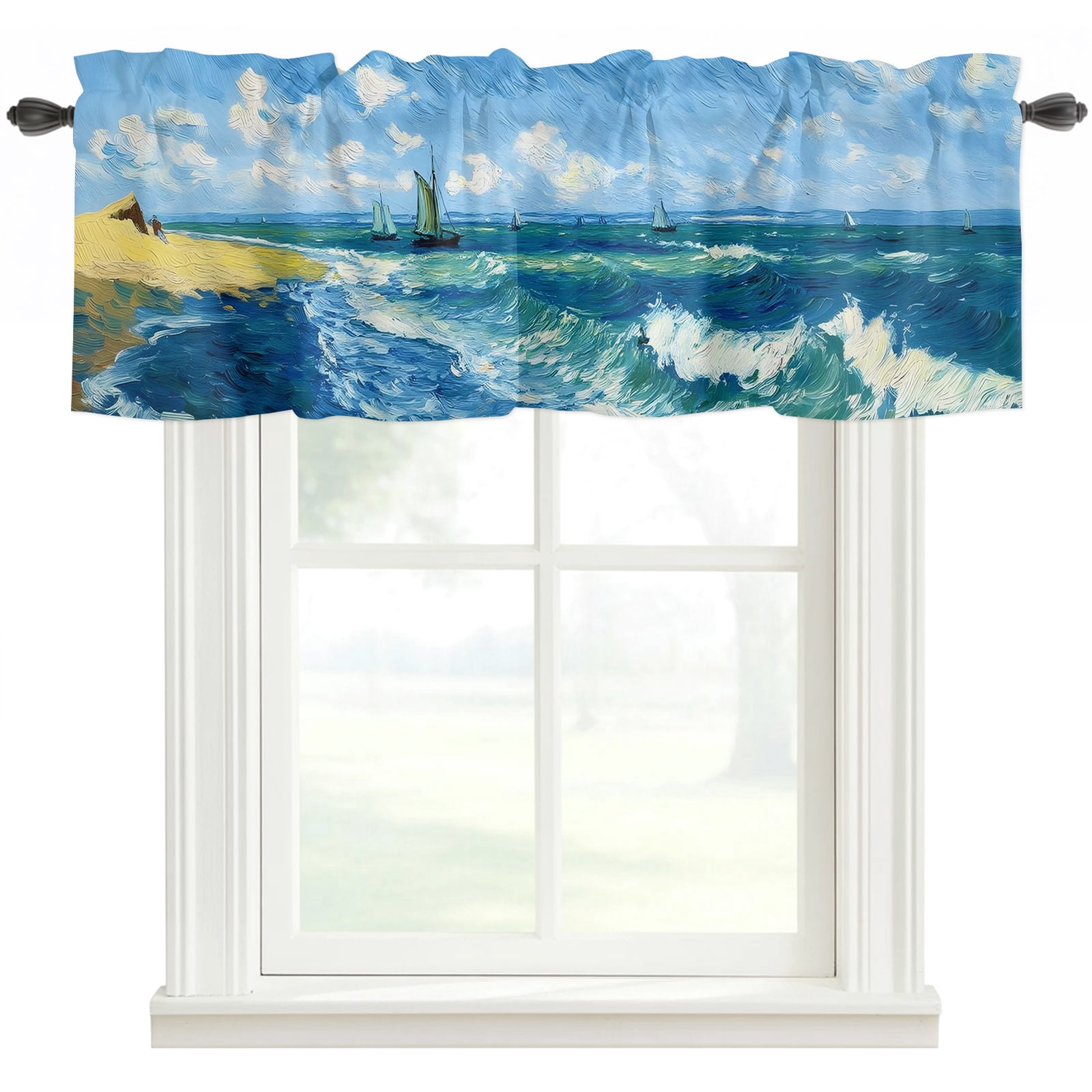 Blue Waves Coastal Valances for Windows Farmhouse Kitchen Curtains ...