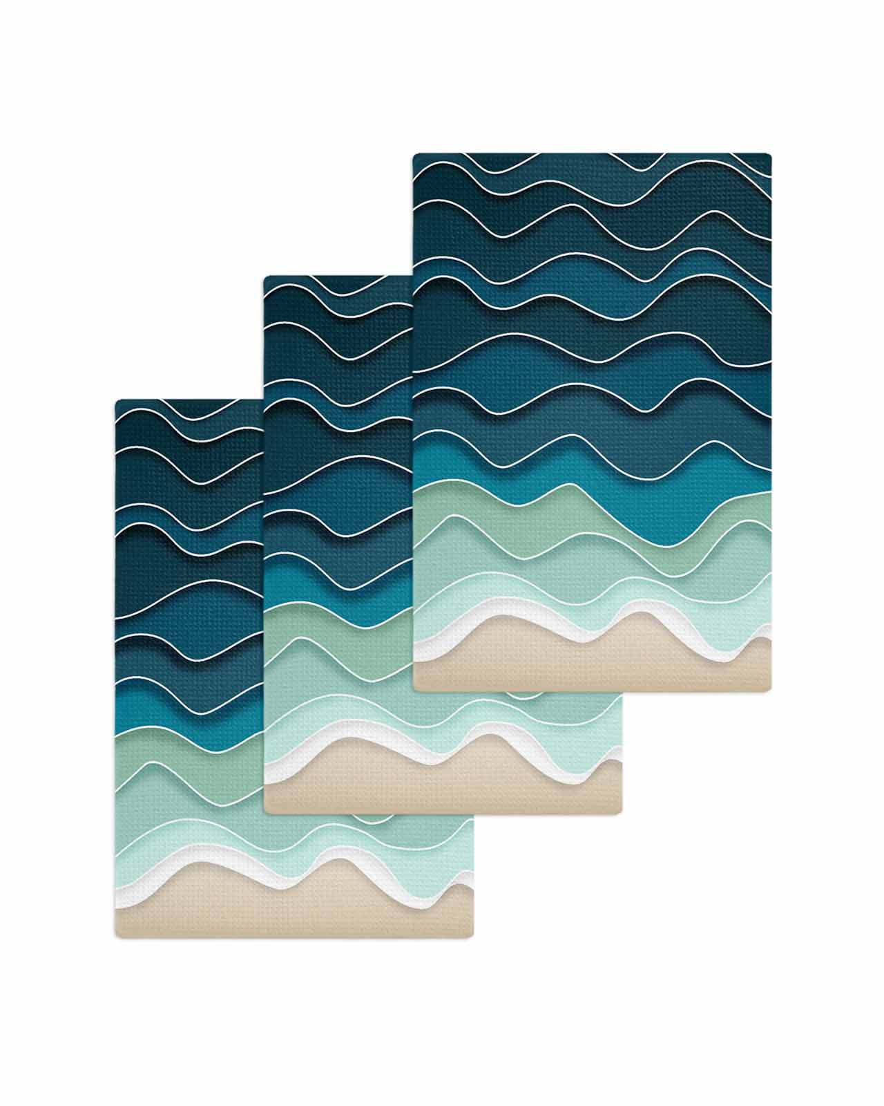 Blue Waves Kitchen Dish Towels for Drying Dishes Set of 3, Rustic Abstract Beach Ombre Stripes ...