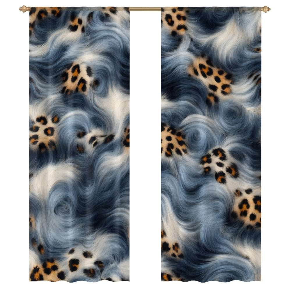 Blue Waves Leopard Print Tulle Curtains For Living Room Chiffon Sheer ...