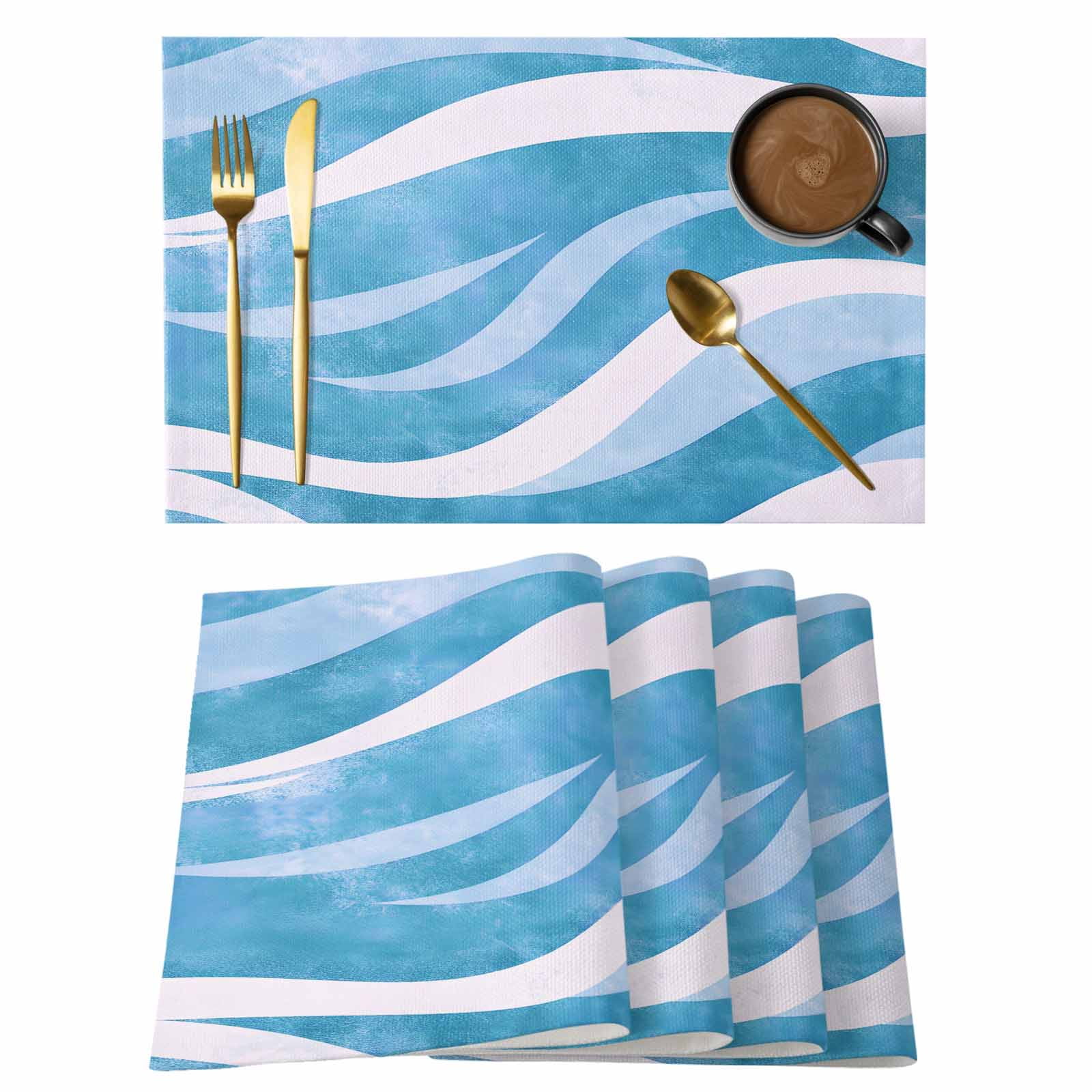 Blue Waves Placemats Set of 8 Ombre Sea Ripples Shabby Beach Place Mats ...
