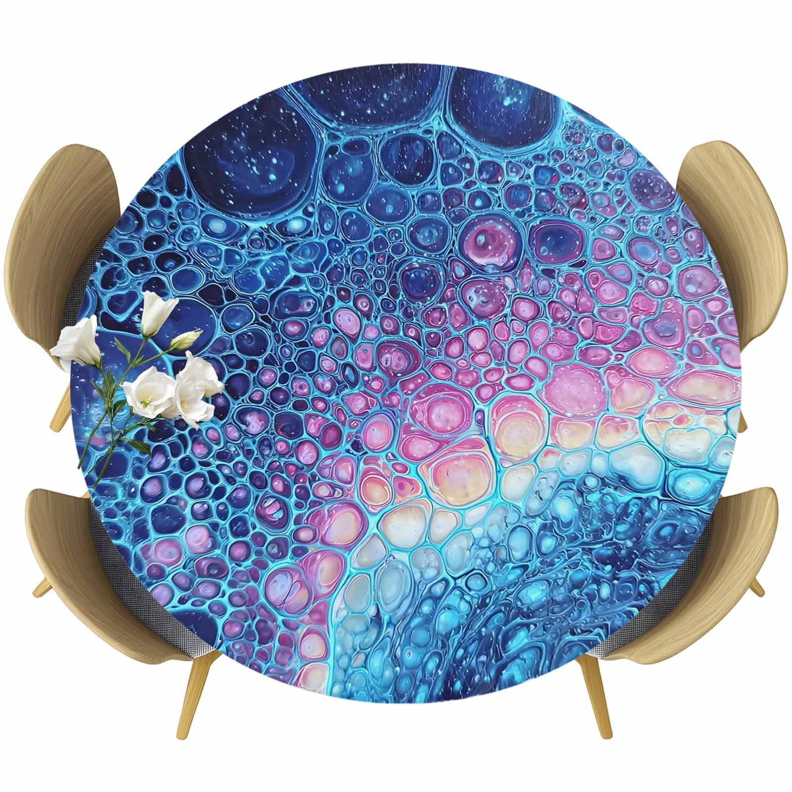 Blue Waves Round Fitted Tablecloth with Elastic Edge, Modern Abstract ...
