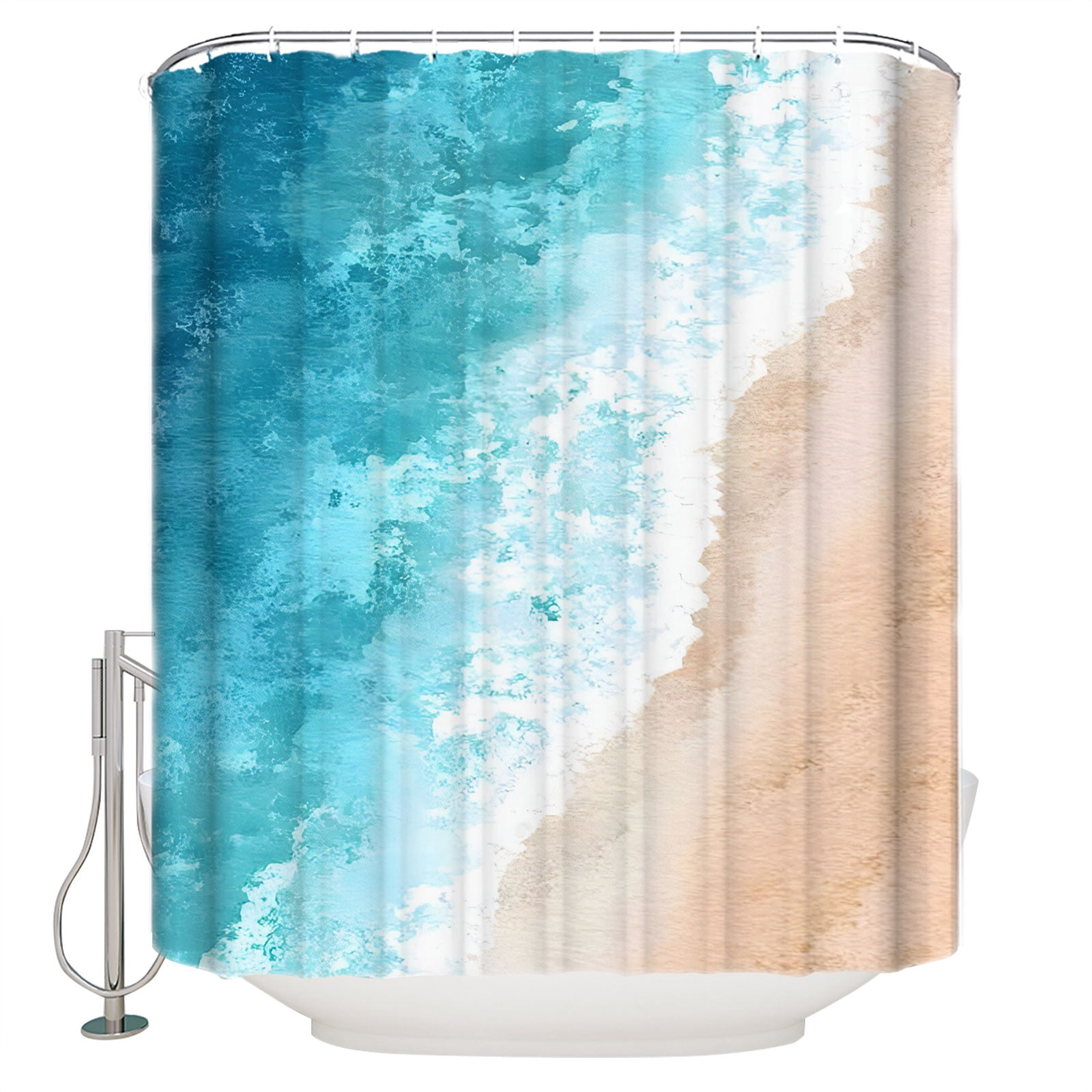 Blue Waves Seaside Bathroom Shower Curtains with 12 Hooks Polyester ...