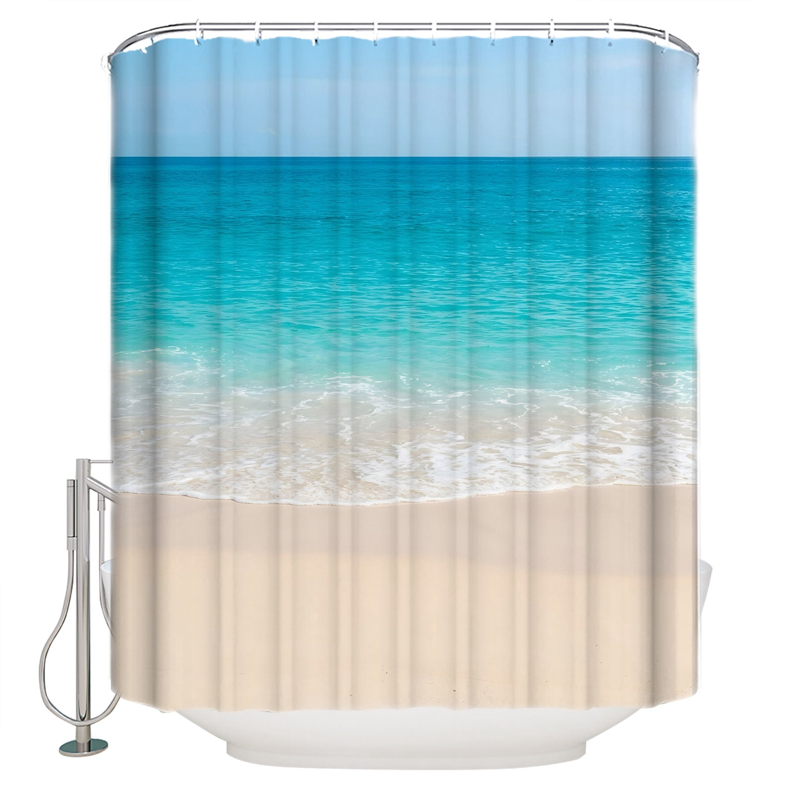 Blue Waves Seaside Bathroom Shower Curtains with 12 Hooks Polyester ...