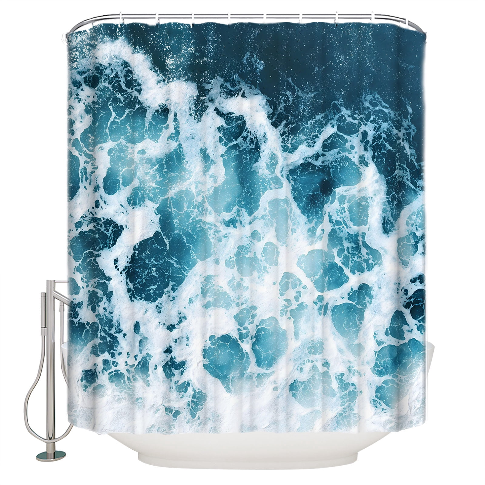 Blue Waves Seaside Bathroom Shower Curtains with 12 Hooks Polyester ...