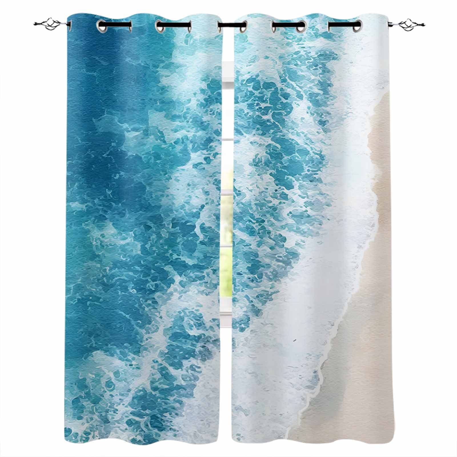 Blue Waves Seaside Kitchen Curtains Coastal Nautical Summer Beach Ocean ...