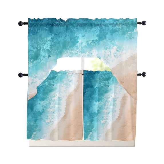 Blue Waves Seaside Kitchen Curtains Set for Windows 3 Piece Cafe ...