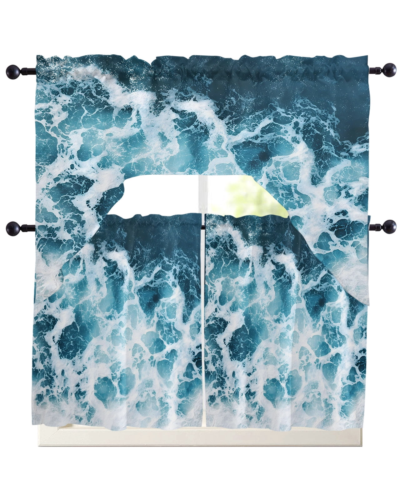 Blue Waves Seaside Kitchen Curtains Set for Windows 3 Piece Cafe ...