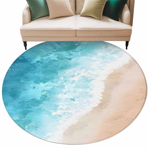 Blue Waves Seaside Round Rug 8ft Washable Circle Rugs Non Slip Coastal ...