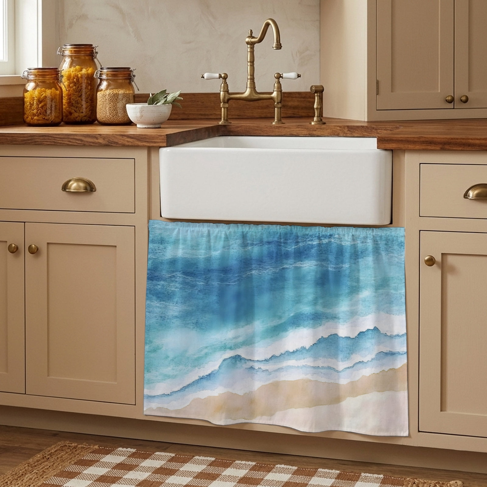 Blue Waves Small Cabinet Curtains 11"W x 13"L, Gradient Beach Abstract ...