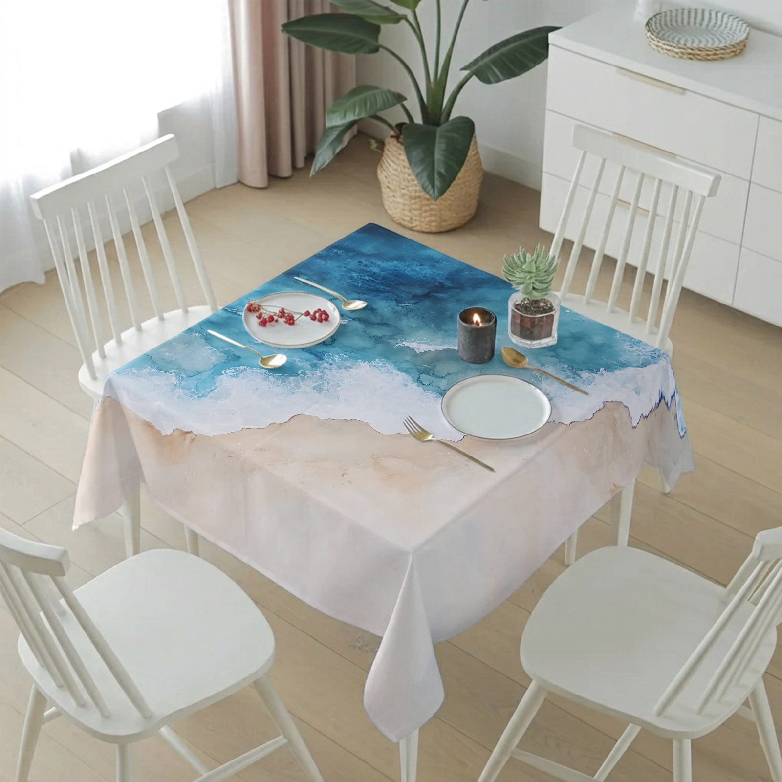 Blue Waves Summer Beach Table Cloth 60x60in, Waterproof Square ...