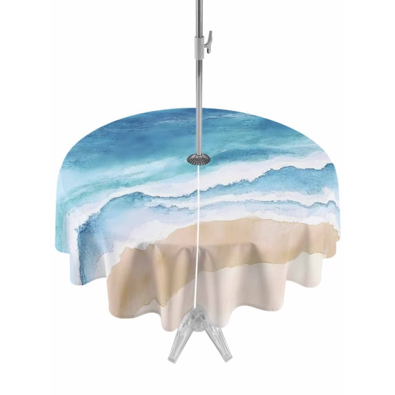 Blue Waves Table Cloth Round Tablecloth, Gradient Beach Abstract Oil ...